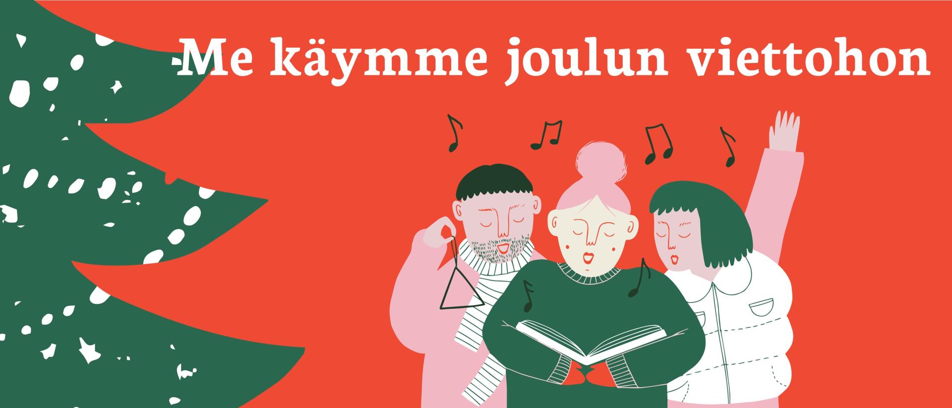 punaisella pohjalla piirretty kuusi, kolmenhengen laulava kuoro ja ...