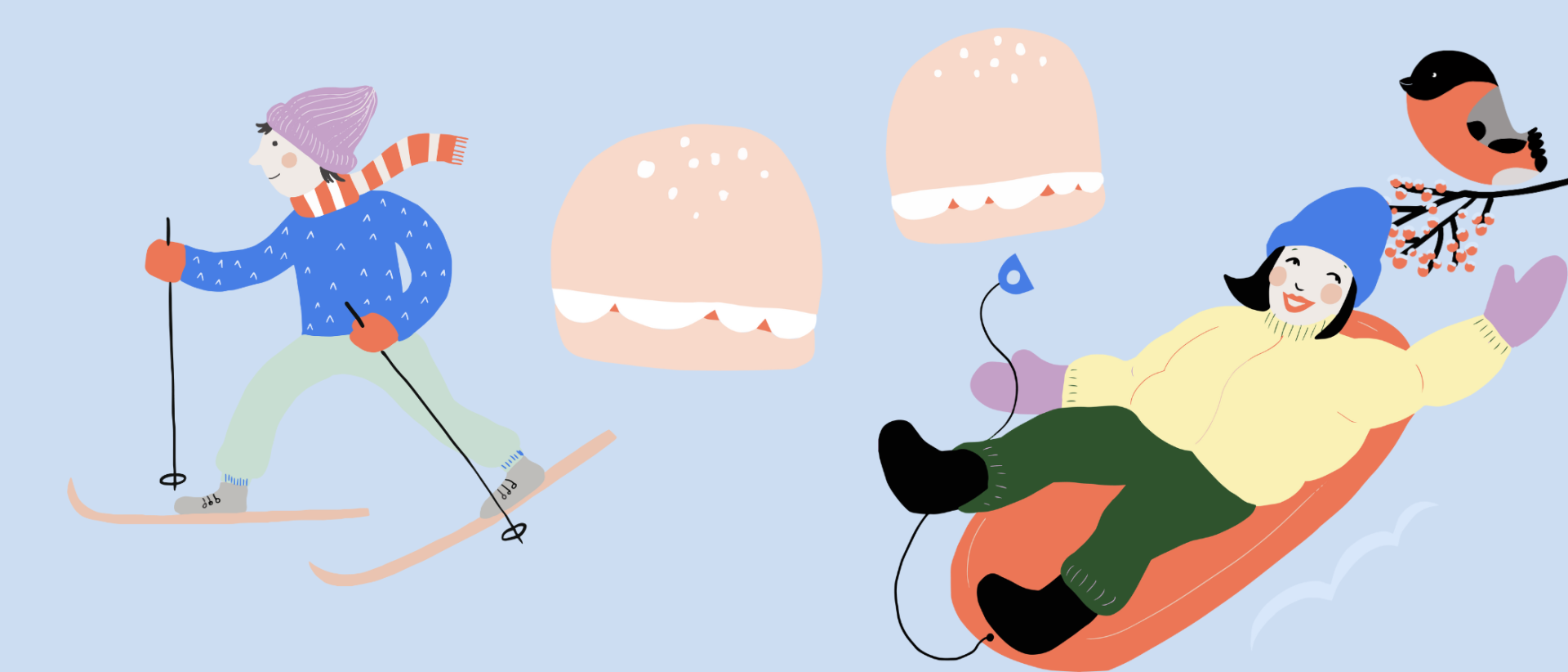 Piirroskuvia vaaleansinisellä pohjalla hiihtäjä, mäenlaskija, kaksi ...