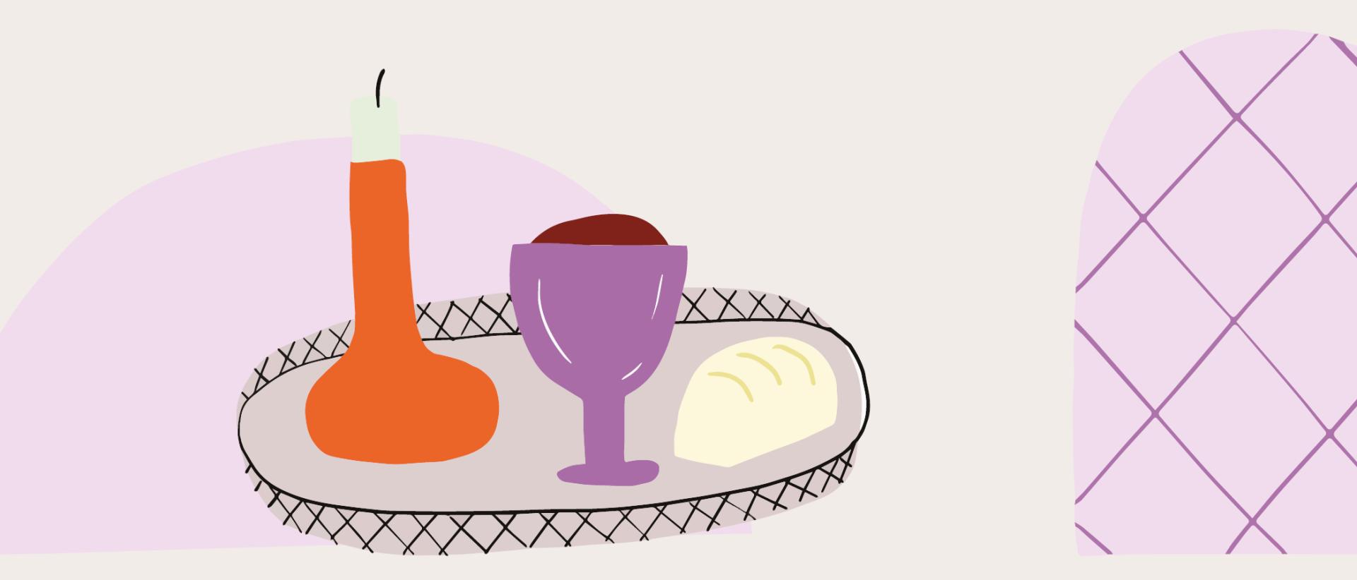 Piirretty ehtoollinen, viini, leipä ja kynttilä