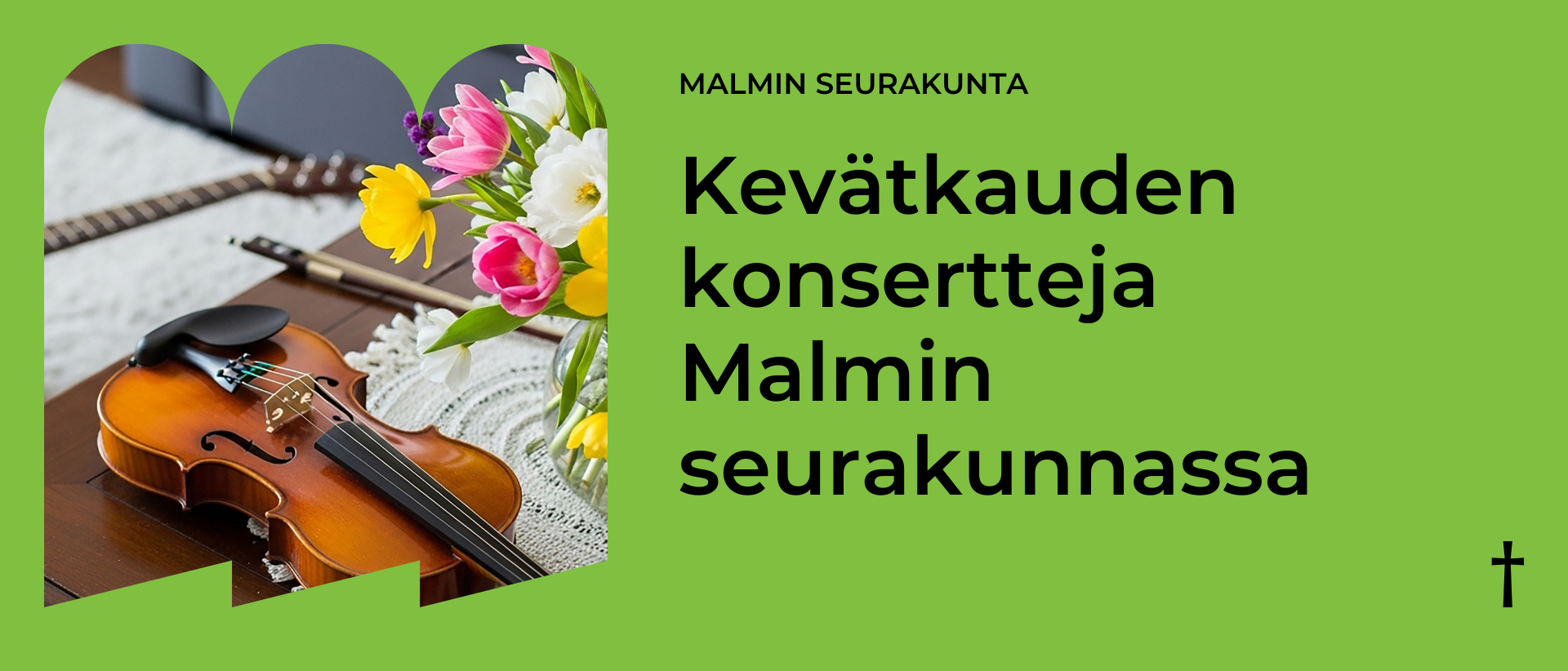 Vihreällä pohjalla kuva viulusta ja kukkakimpusta sekä teksti ...