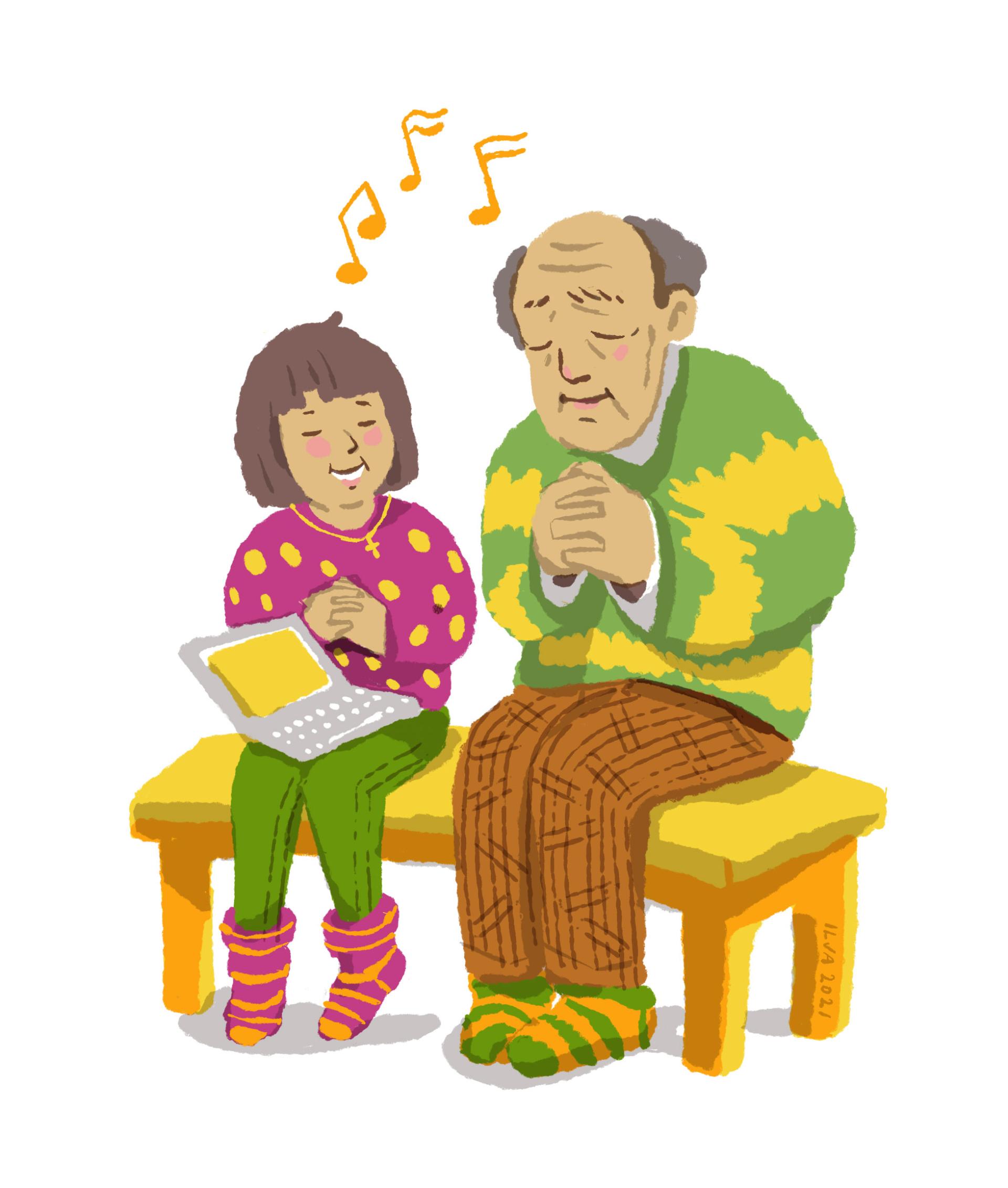 Lapsi ja vanhus kuuntelemassa verkkotapahtumaa tietokoneelta, kuva Ilja ...