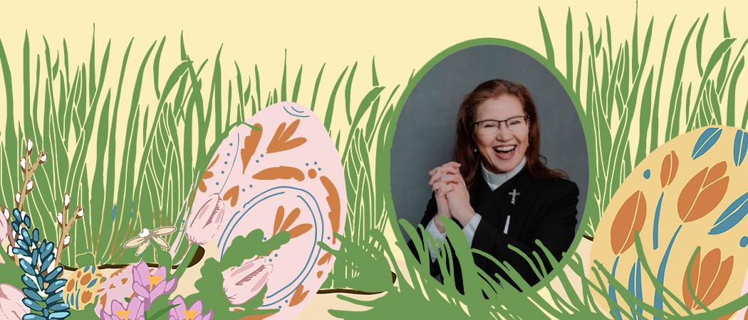 Piirretyssä kuvassa koristeellisia pääsiäismunia, korkeaa rairuohoa ja ...